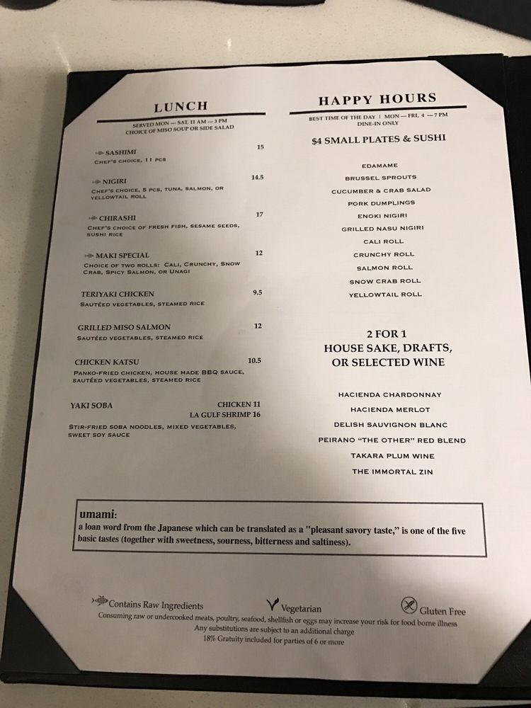 Menu at Umami Japanese Bistro restaurant, Baton Rouge