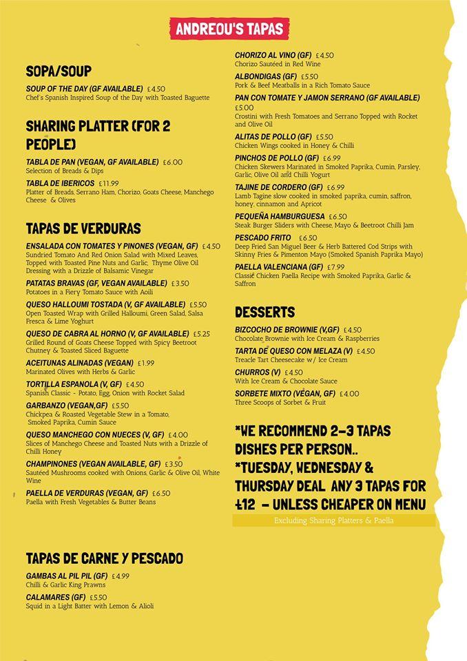 Menu at Andreou's Bistro restaurant, Arbroath