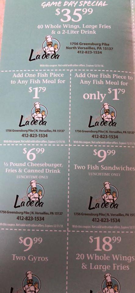 Menu at LaDeDa Fish, Chicken & Gyro restaurant, North Versailles