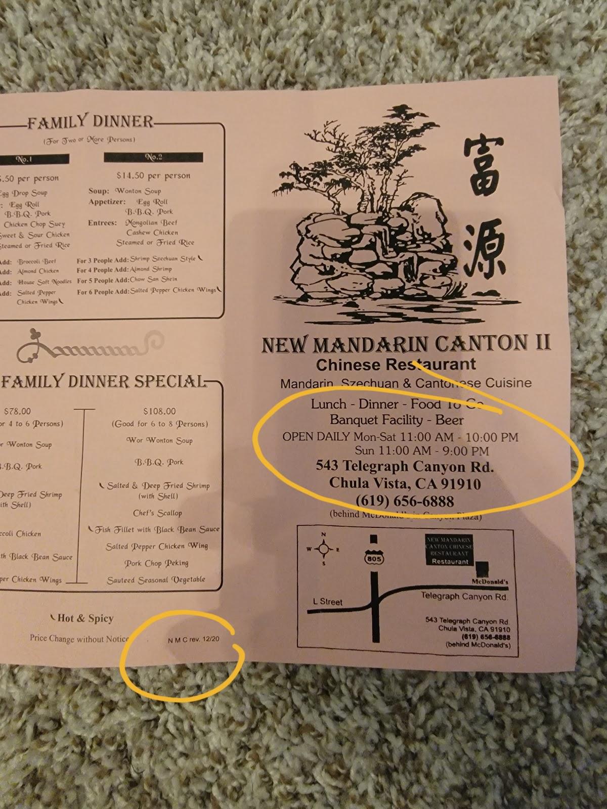 Menu at New Mandarin Canton Chinese Restaurant, Chula Vista