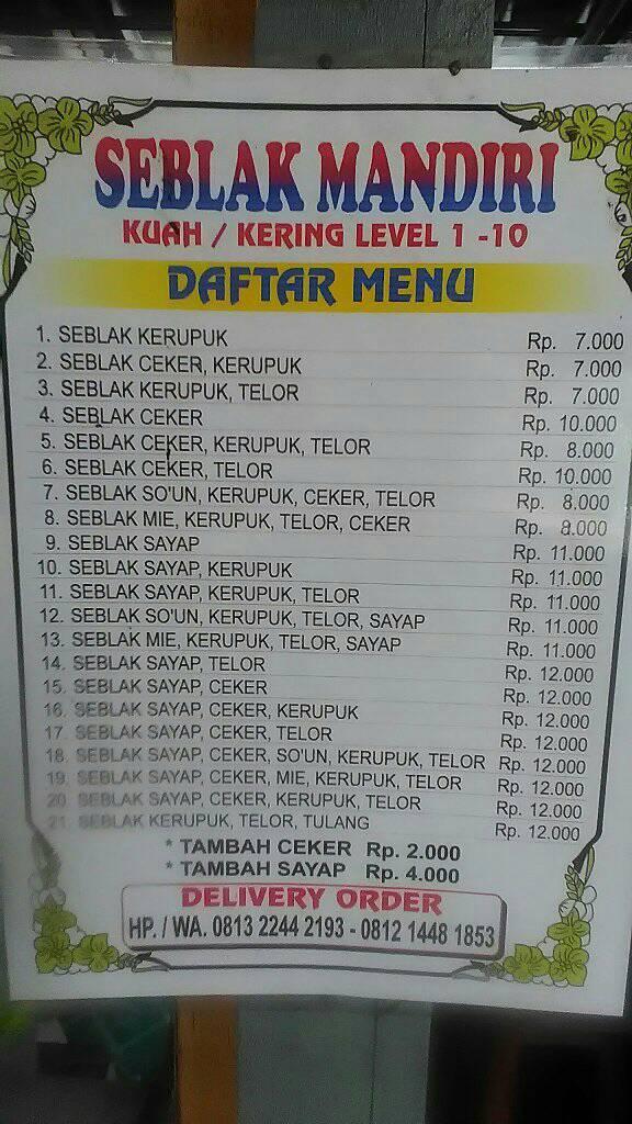 Menu at Seblak Mandiri cafe, Ciamis