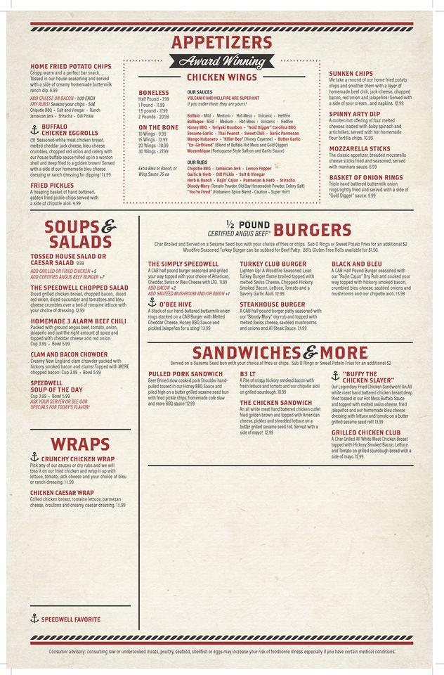 Menu at Speedwell Tavern restaurant, Plymouth