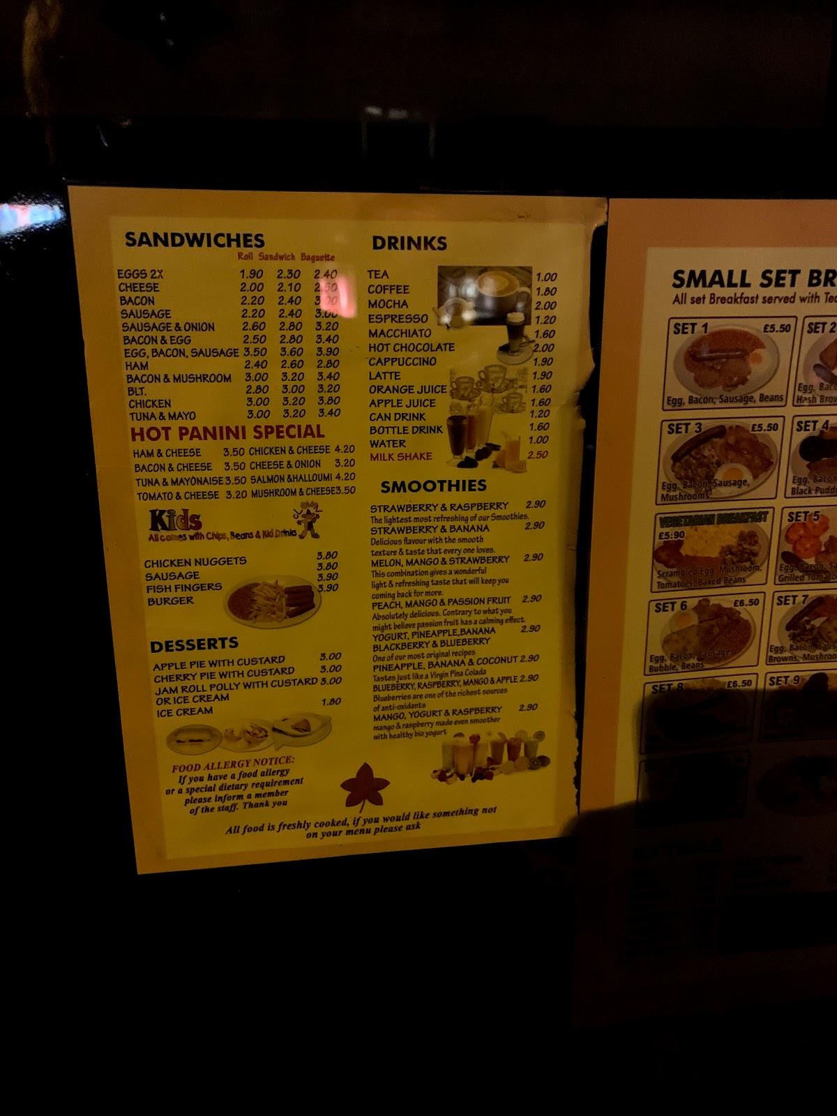 Menu at Whyteleafe cafe, Whyteleafe