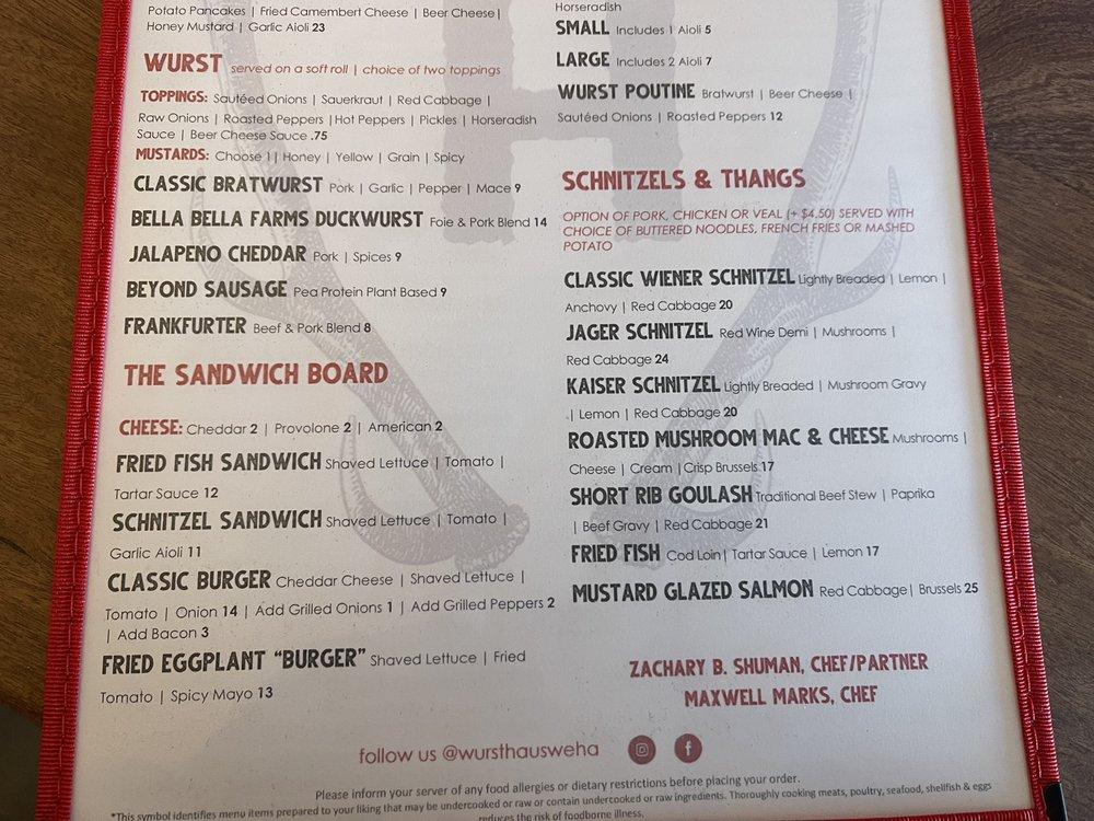 Menu at Wurst Haus pub & bar, West Hartford