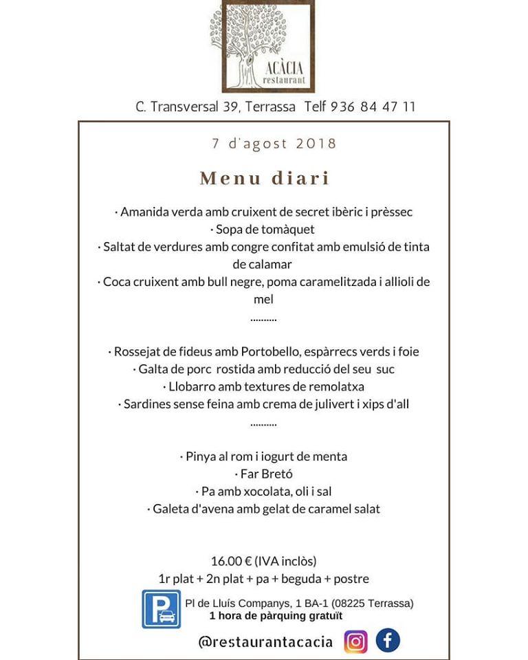 Menu at Acacia restaurant, Terrassa