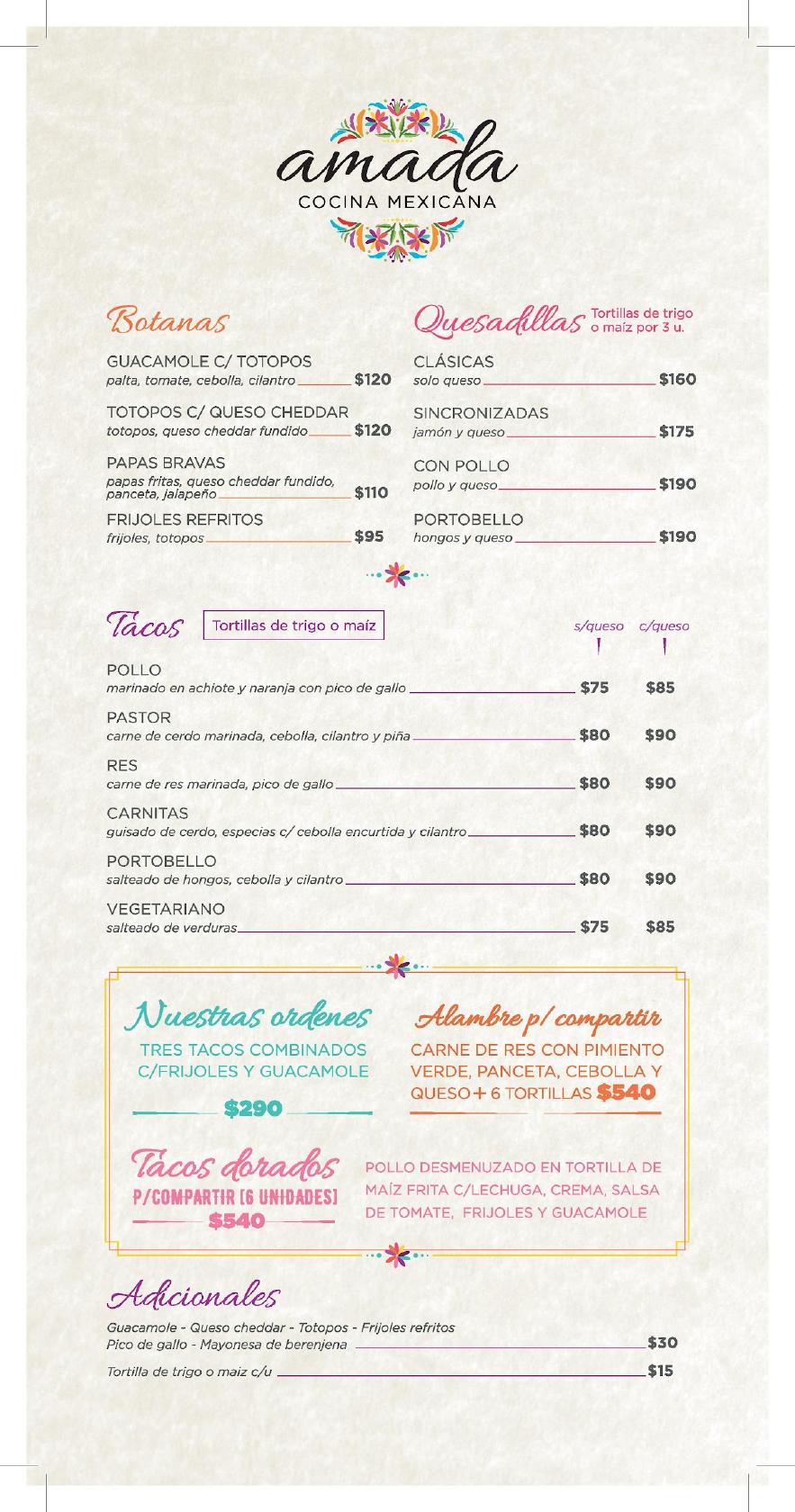 Menu at Amada Cocina Mexicana restaurant, Acassuso