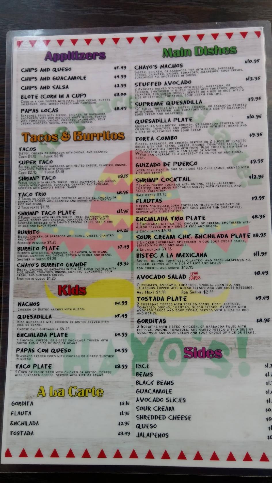 Menu at Chayo's restaurant, Gilmer