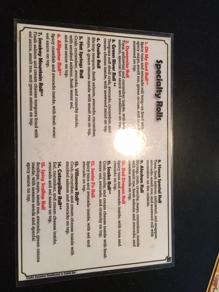 Menu at Osaka Japanese Steakhouse & Sushi Bar, Hot Springs