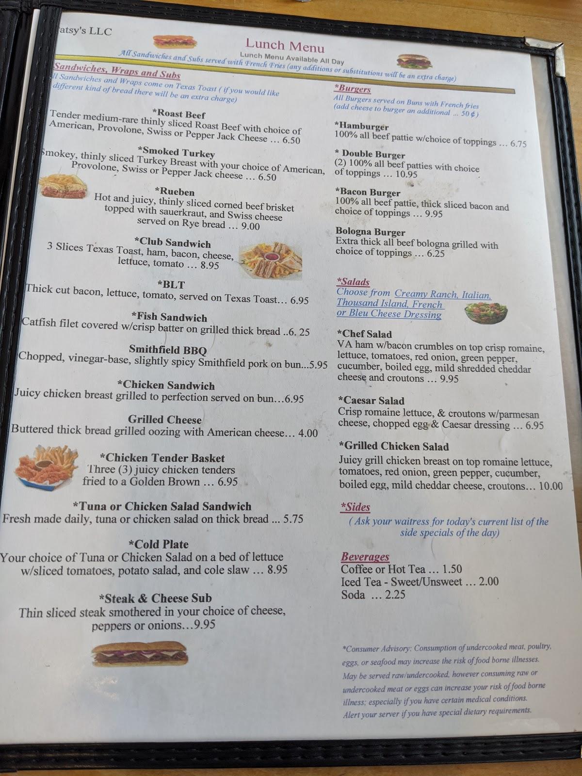 Menu at Patsy's restaurant, Providence Forge