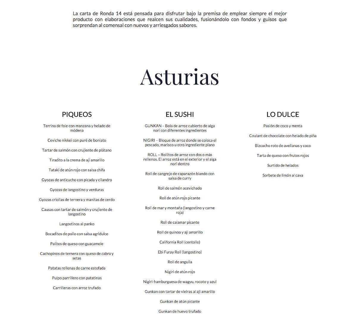 Carta del restaurante Ronda 14 Avilés, Aviles