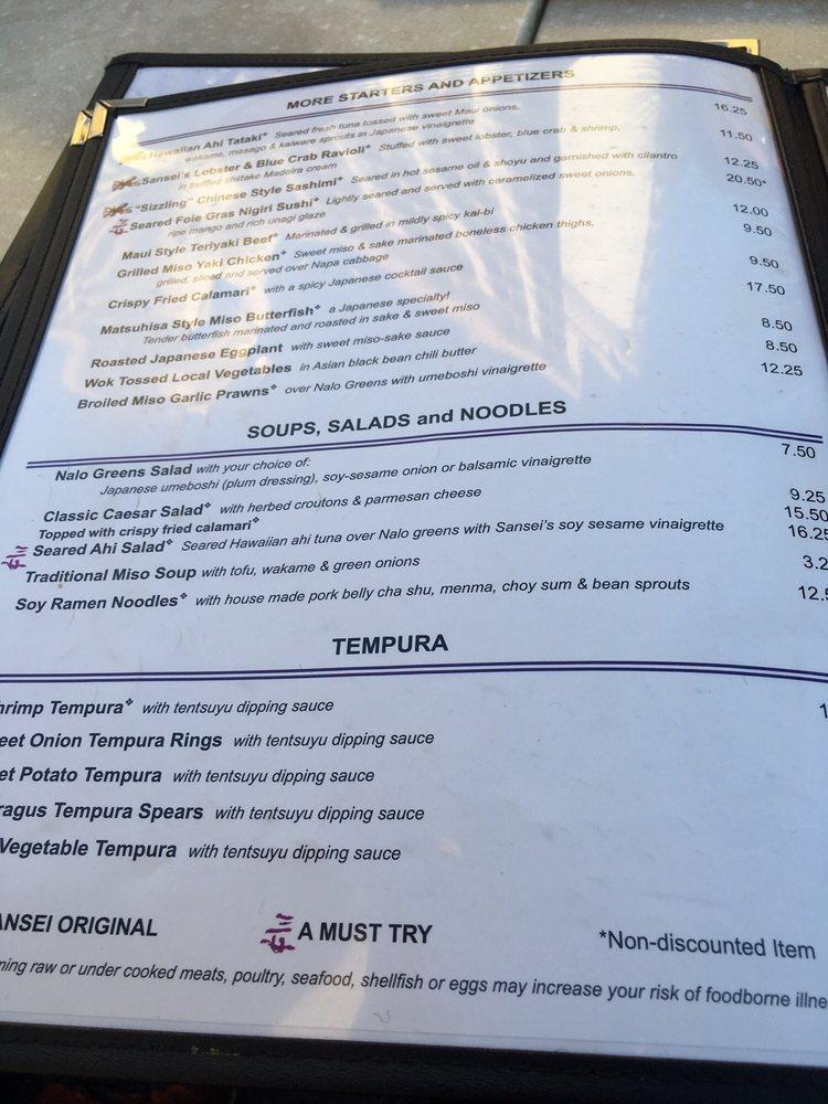 Menu at Sansei Seafood Restaurant & Sushi Bar, Honolulu