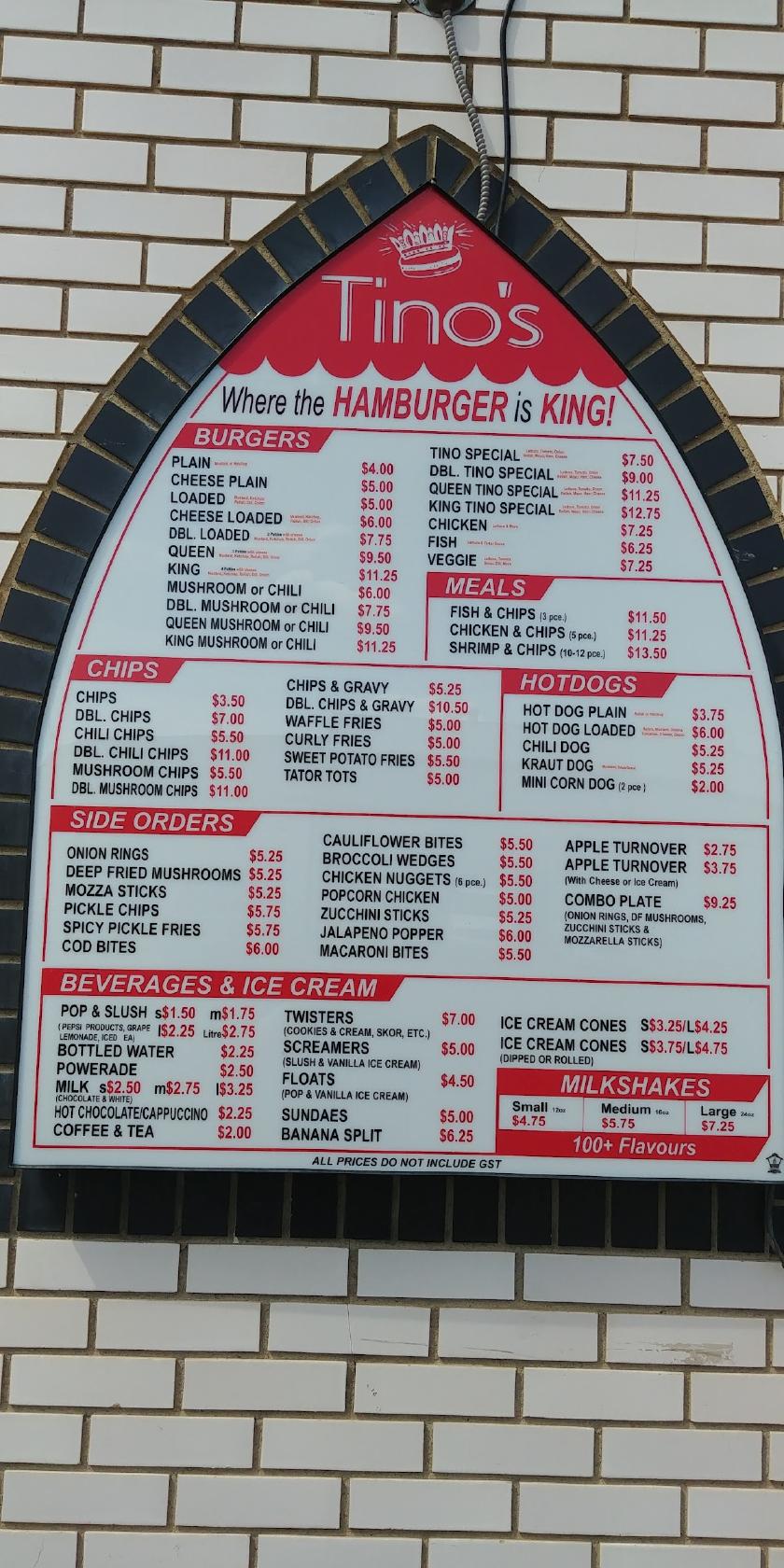 Menu at Tino's fast food, Medicine Hat