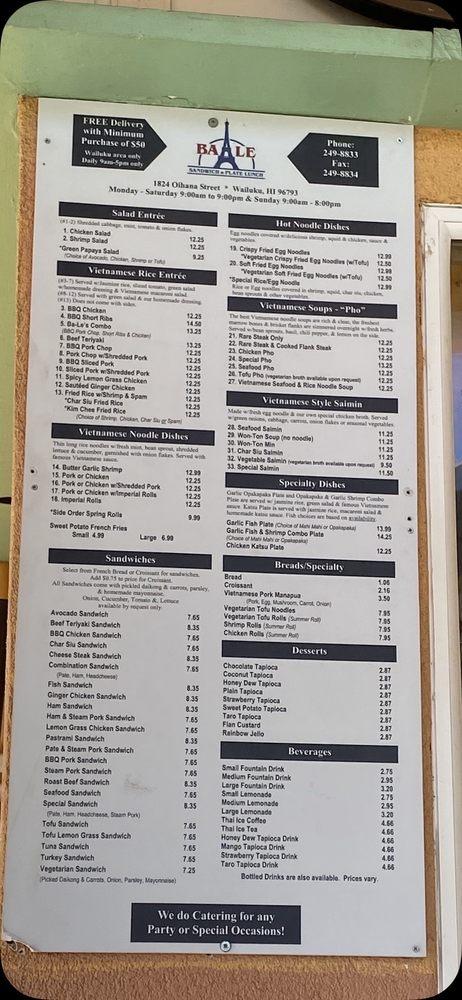 Menu at Ba-Le Sandwich Shop restaurant, Wailuku