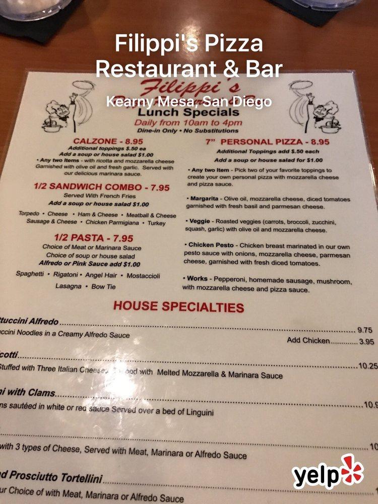 Menu at Filippi's Pizza Grotto Kearny Mesa pizzeria, San Diego