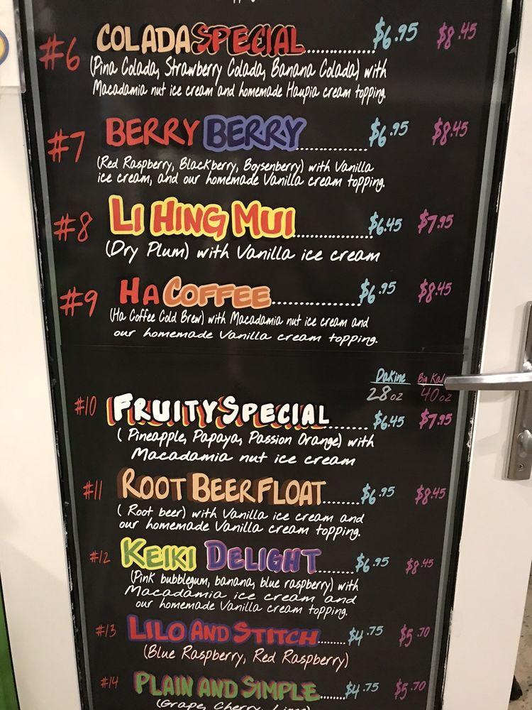 Menu at JoJo's Shave Ice restaurant, Kapaa