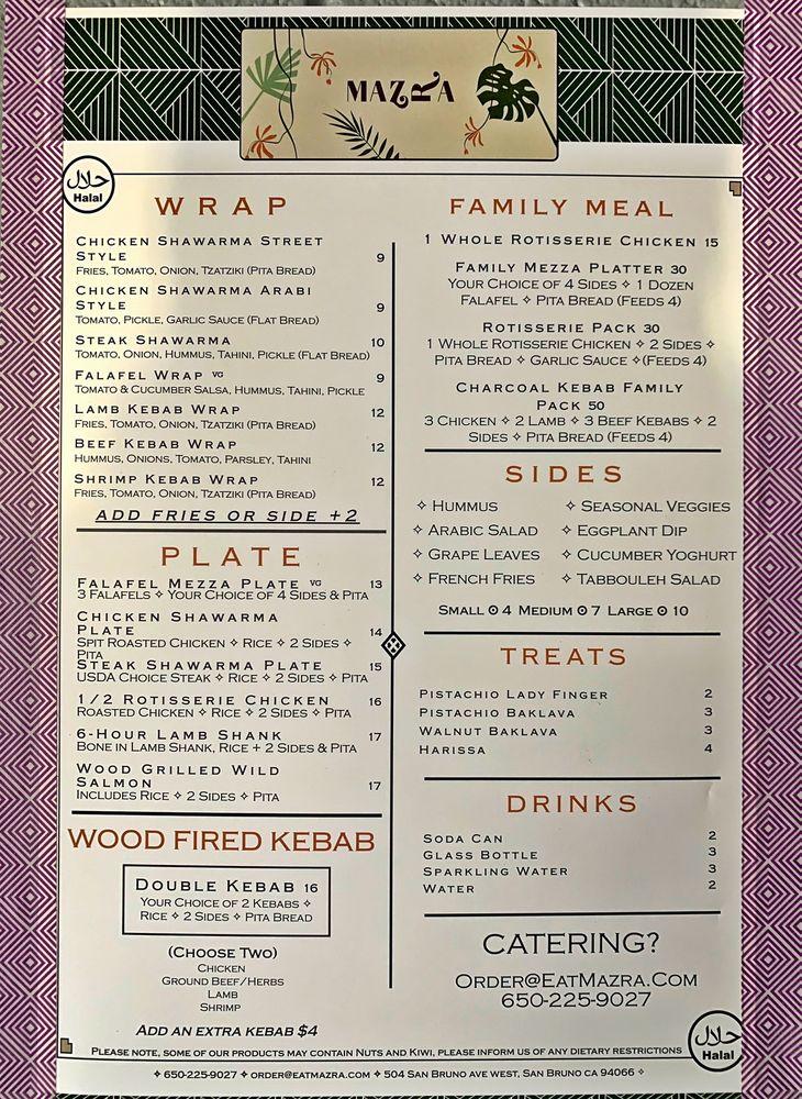 Menu at Mazra BBQ, San Bruno
