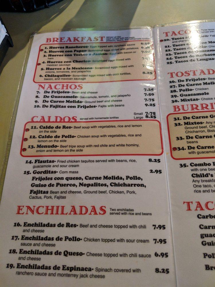 Menu at Tipico's restaurant, Dallas