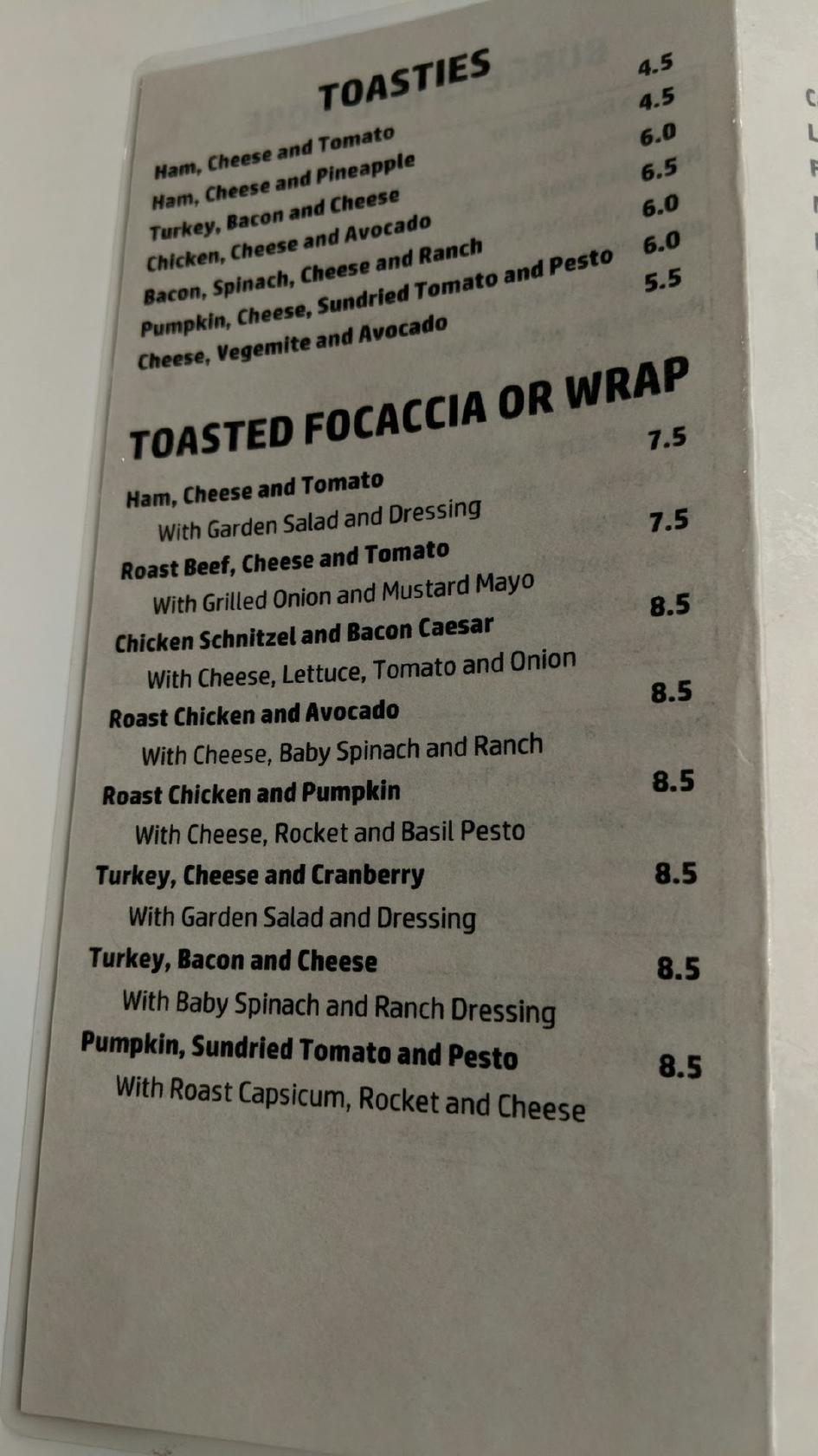 Menu at Cafè Sublime Parabanks cafe, Salisbury