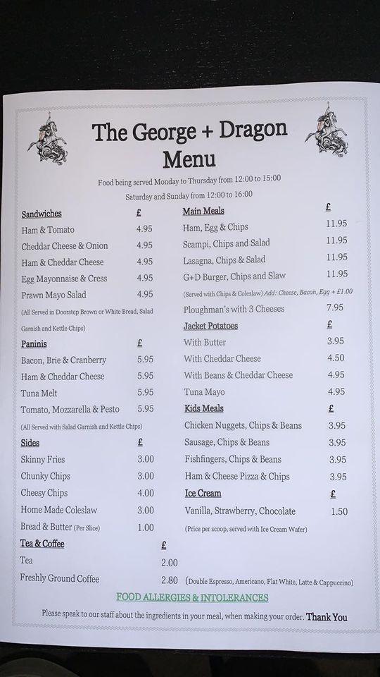 Menu at George and Dragon Public House, Stansted