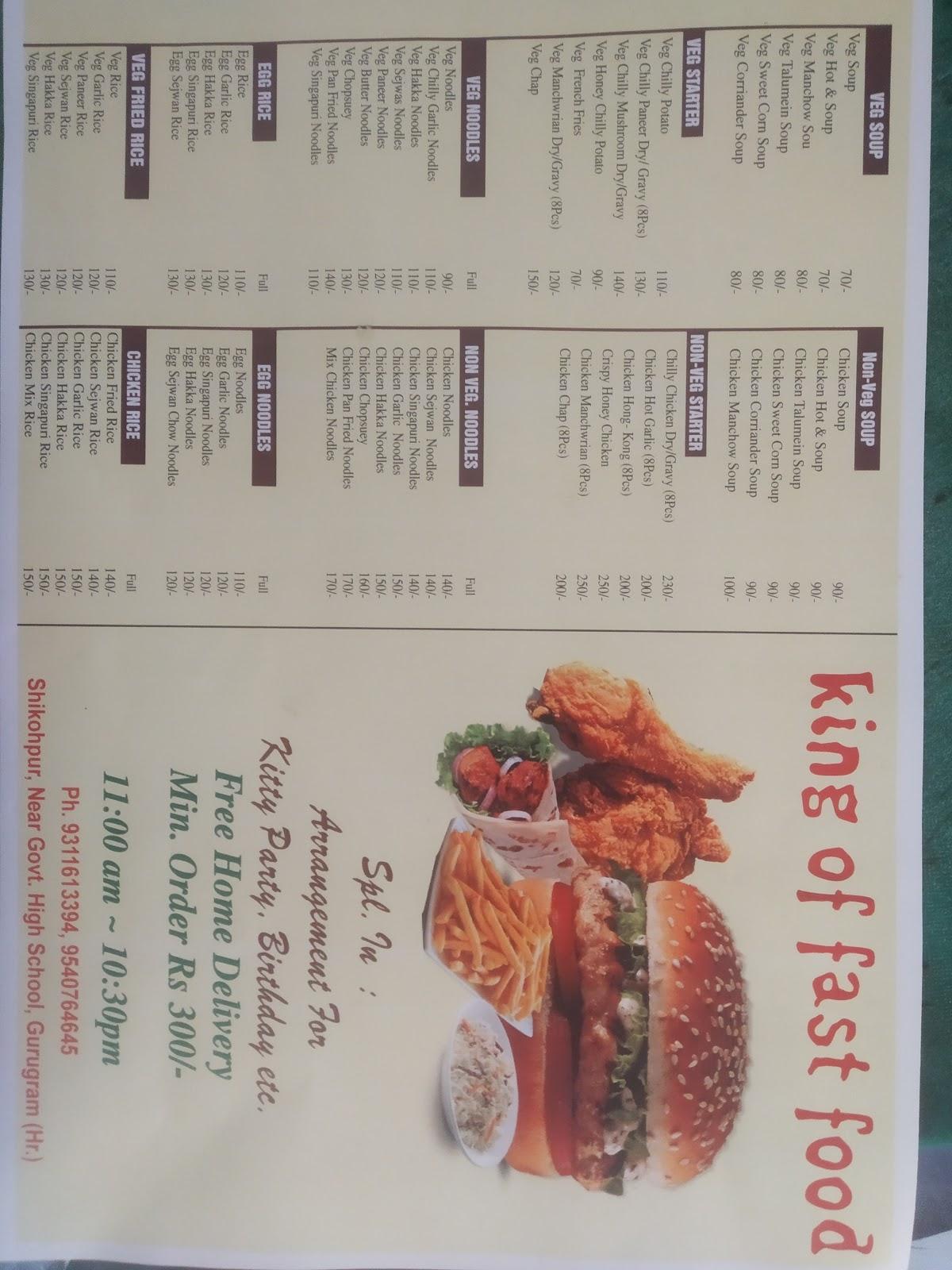 Menu at King of fast food, Gurugram