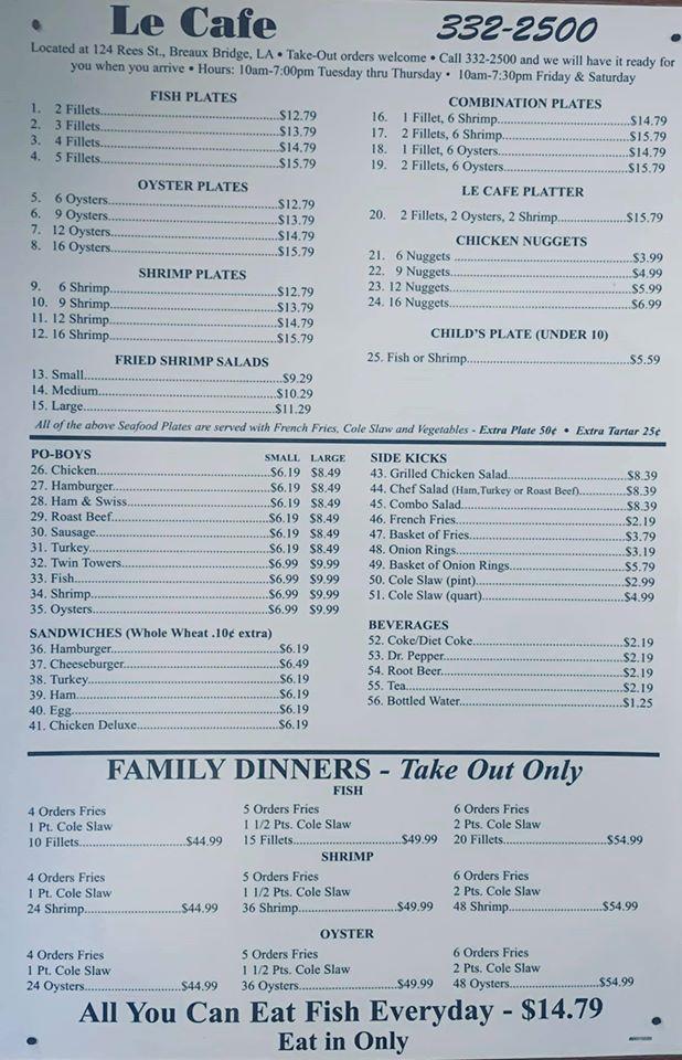 Menu at Le Cafe, Breaux Bridge