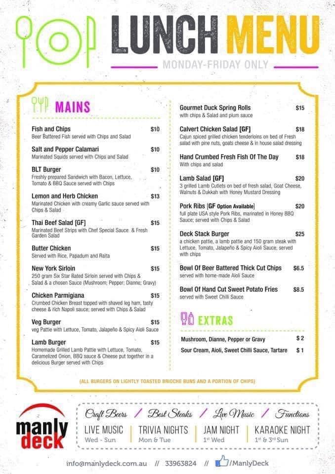 Menu at Manly Deck restaurant, Manly