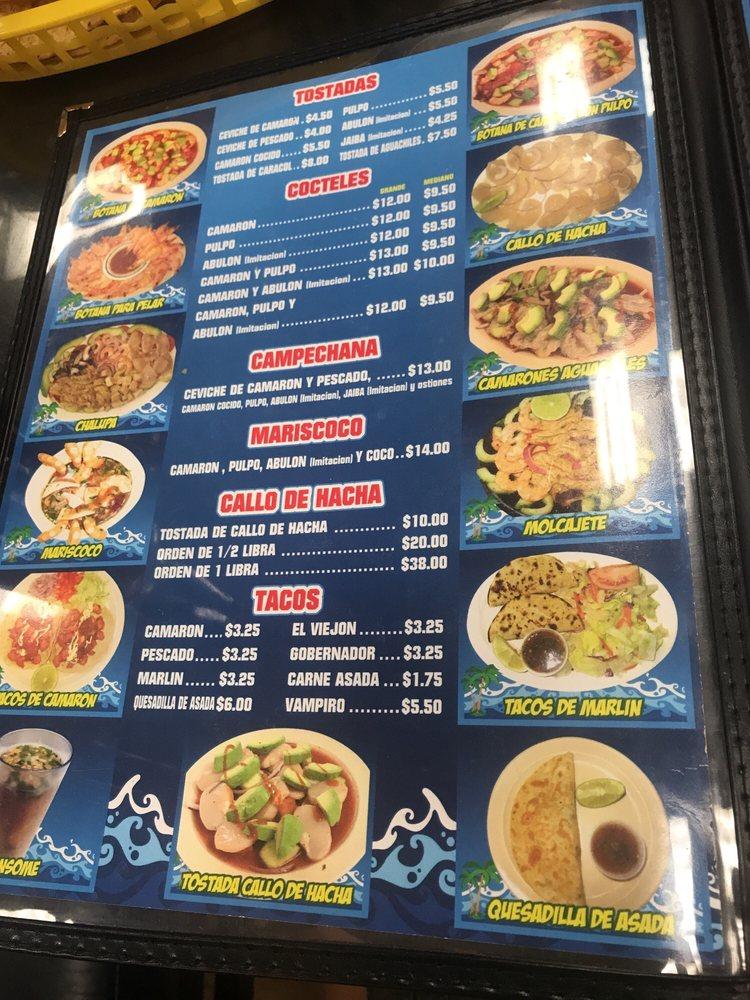 Menu at Mariscos El Viejon restaurant, Lynwood, Atlantic Ave