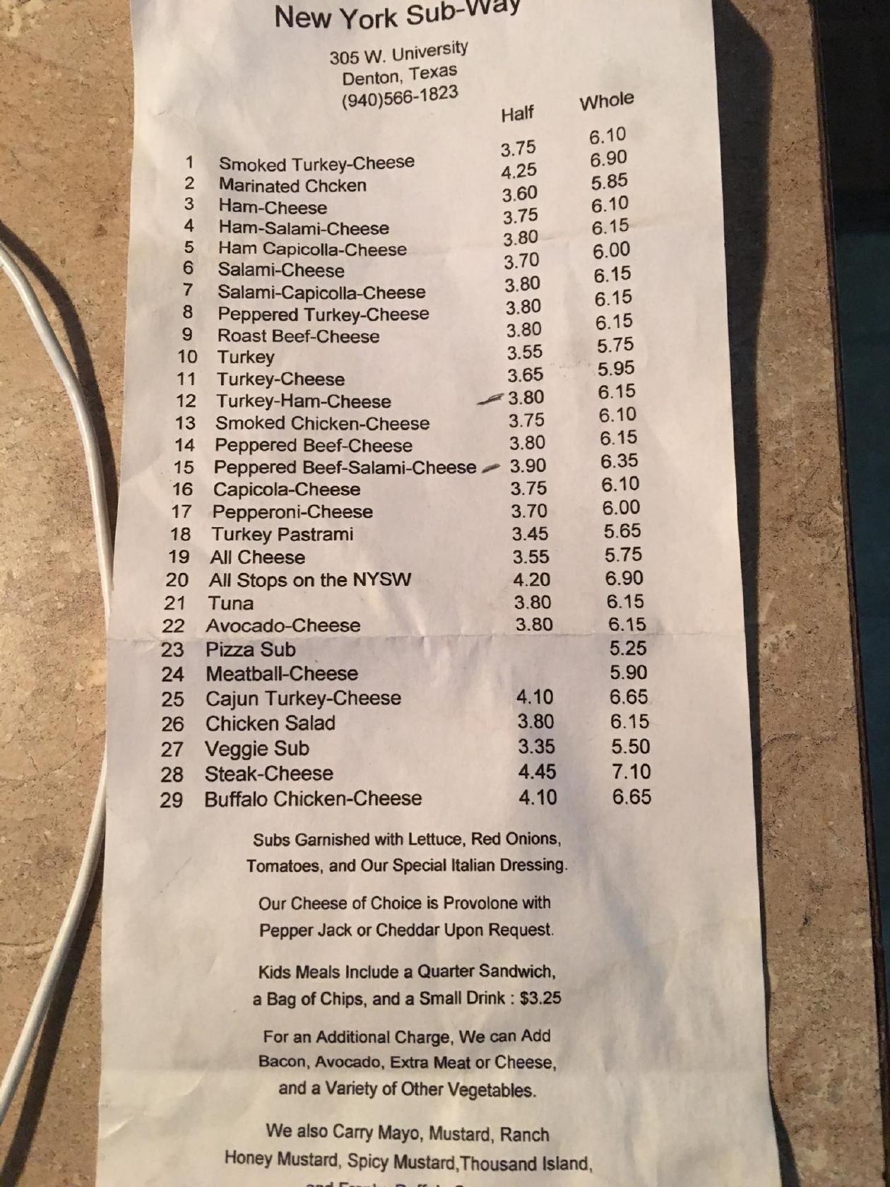 Menu at New York Sub-Way fast food, Denton