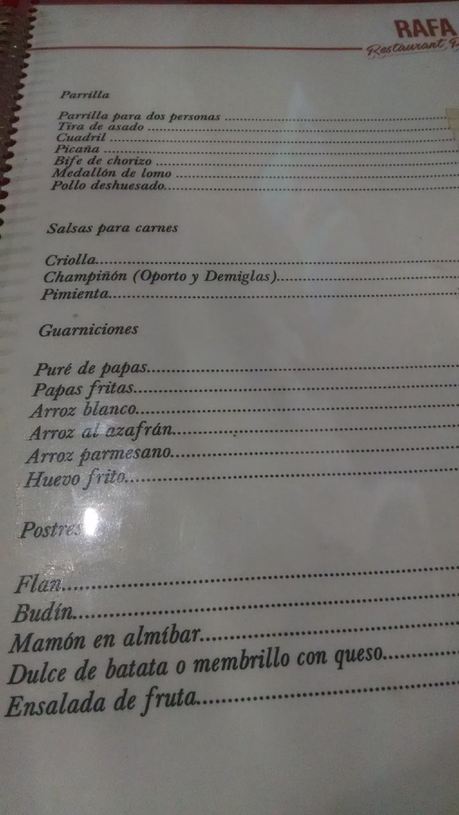 Menu at Restaurant-Parrilla Rafa, Puerto Iguazú