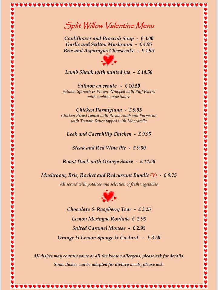 Menu at Split Willow restaurant, Llanfairfechan