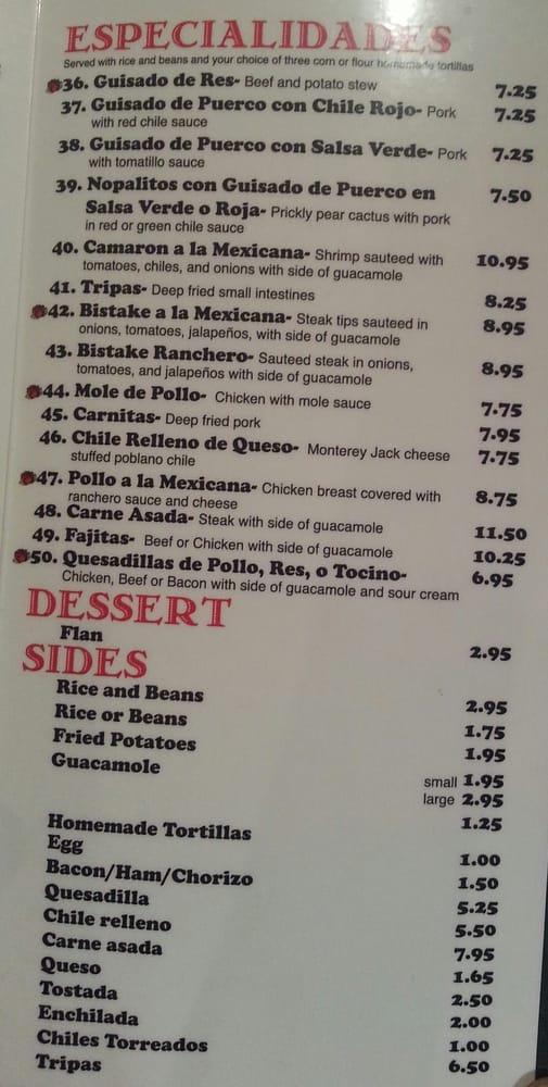 Menu at Tipico's restaurant, Dallas