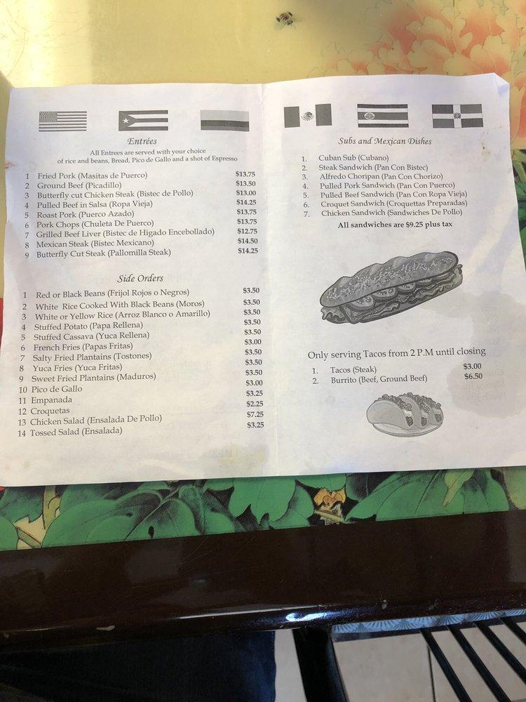 Menu at Vargas Cafe, Cape Canaveral