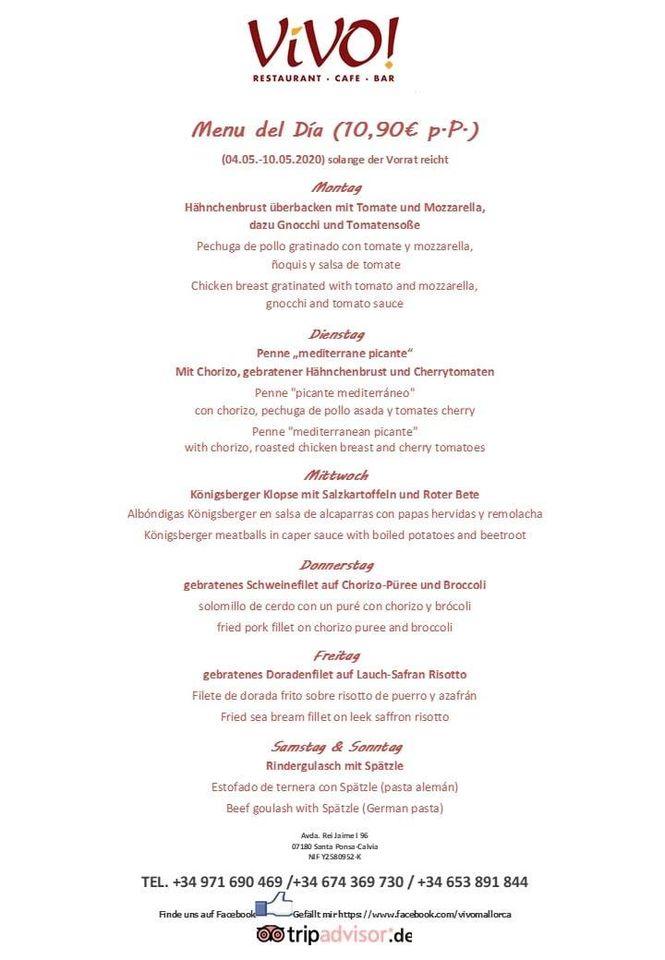 Menu at VIVO! restaurant, Santa Ponsa