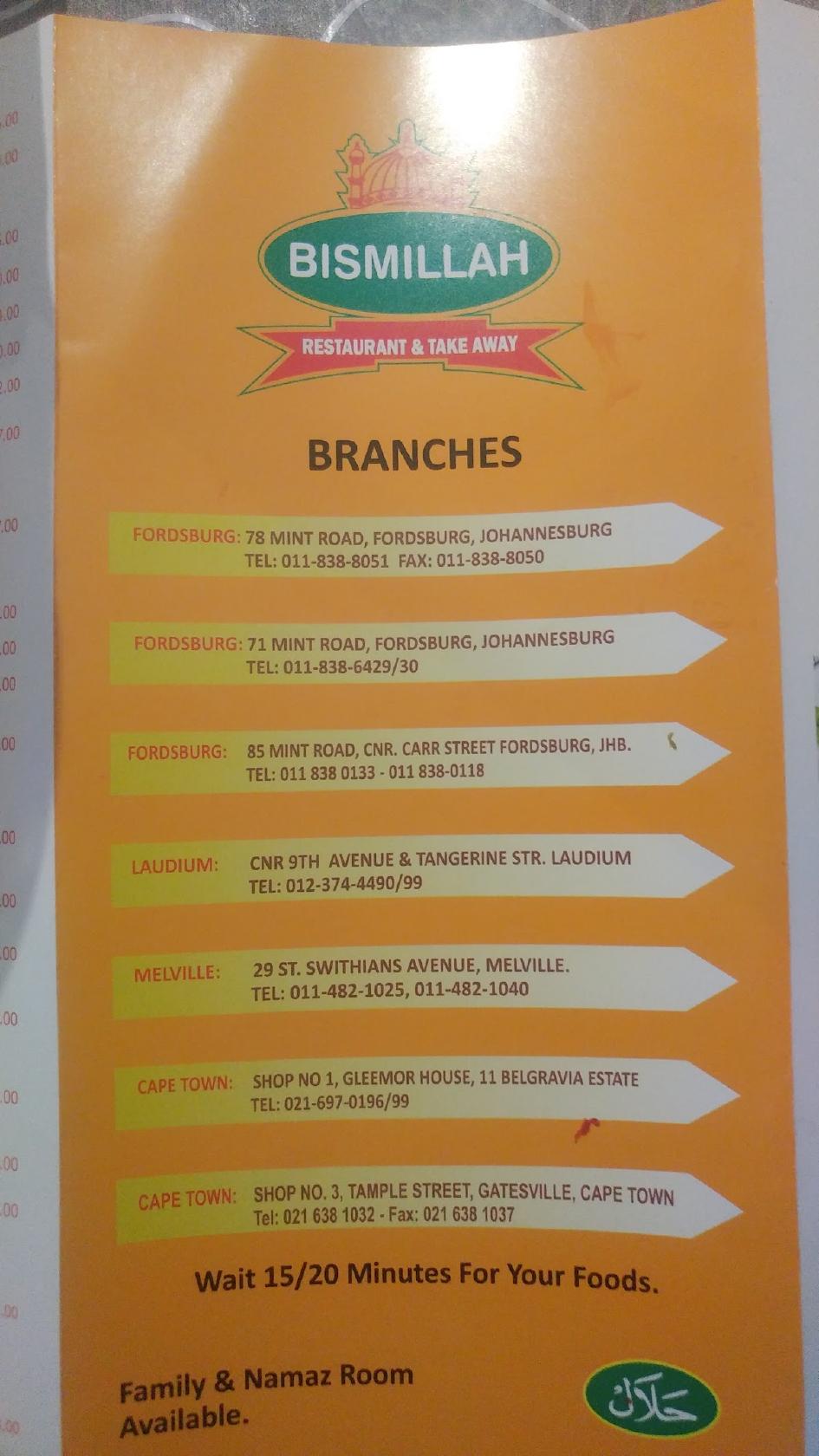 Menu at Bismillah Restaurant, Lenasia