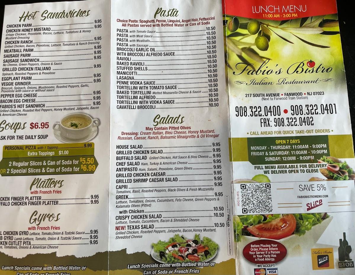 Menu at Fabio's Bistro pizzeria, Fanwood