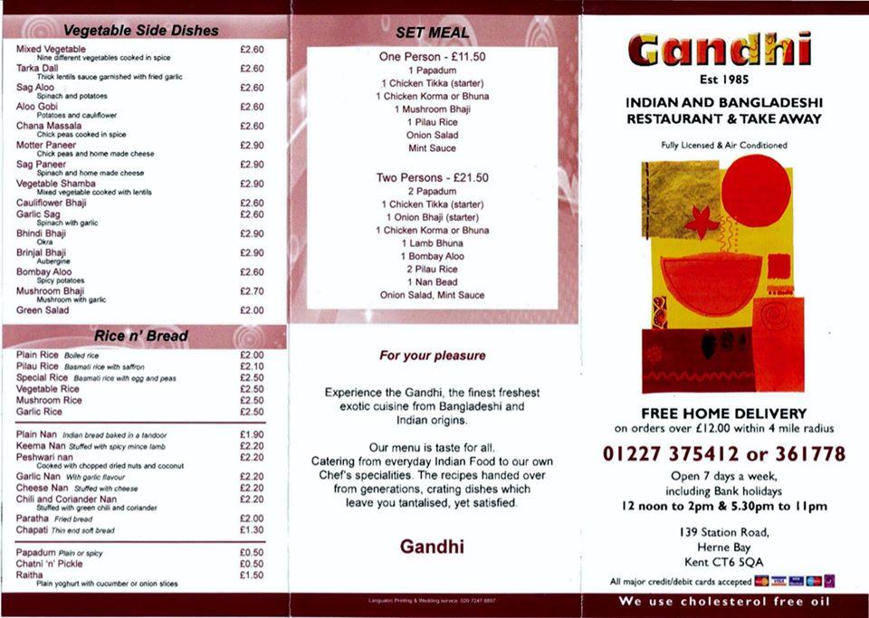 Menu at Gandhi restaurant, Herne Bay, 139 Station Rd