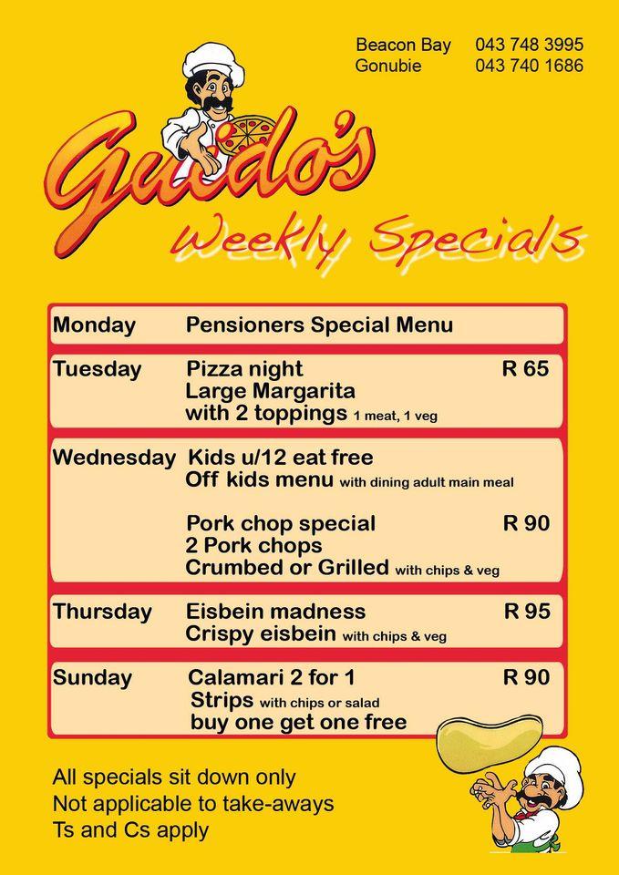 Menu at Guido's restaurant, East London, Gonubie Mall