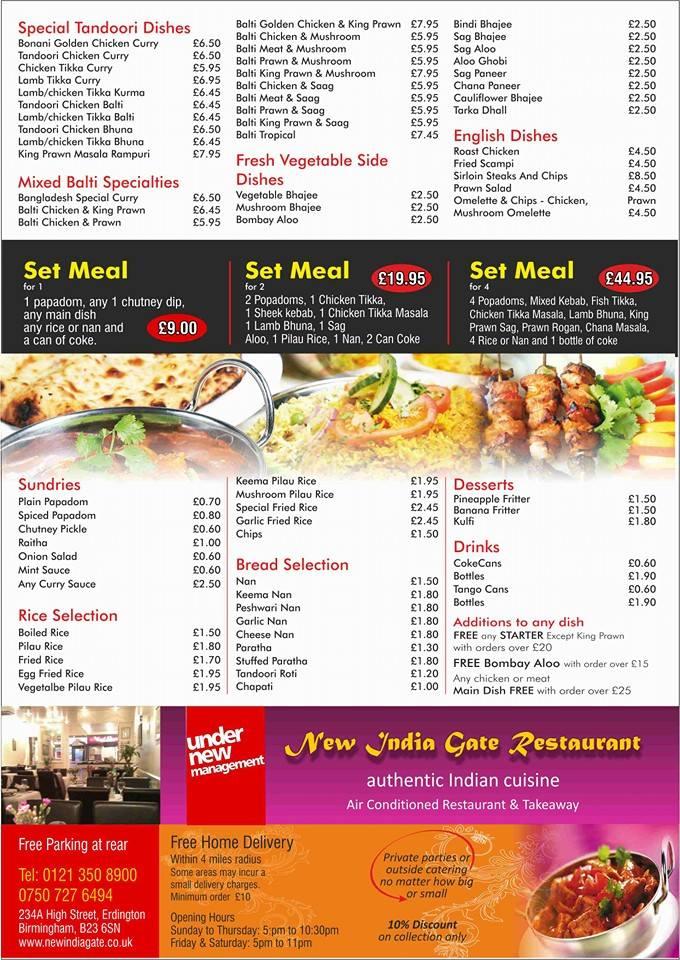 Menu at New India Gate fast food, Birmingham
