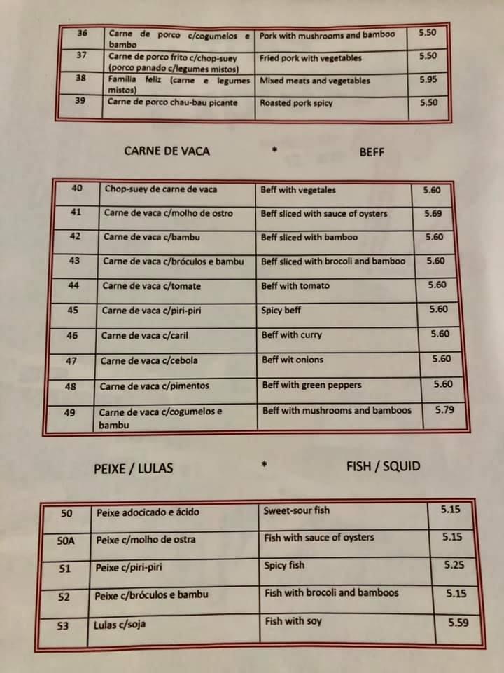 Carta de Restaurante kang le 2 Buffet Coimbra, Coimbra