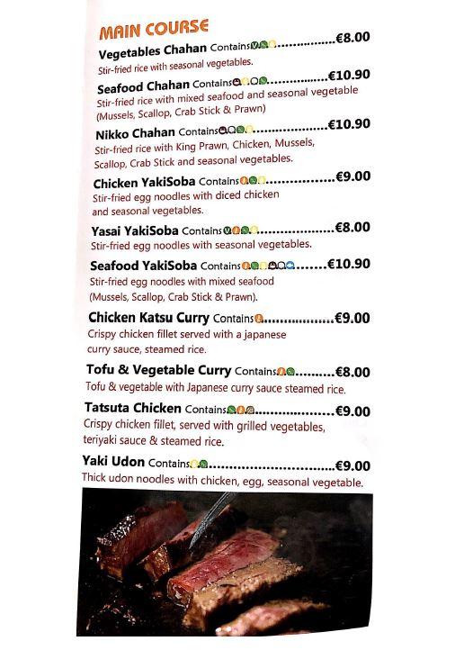Menu at Nikko restaurant, Drogheda
