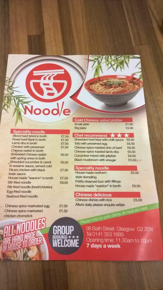 Menu at Noodle Bar, Glasgow, 98 Bath St
