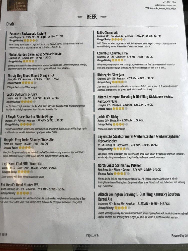 Menu at Oak and Embers Tavern Hudson pub & bar, Hudson