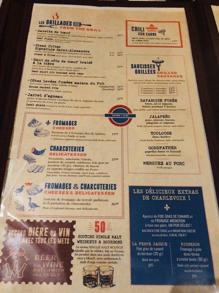 Menu at Pub St-Alexandre, Québec City