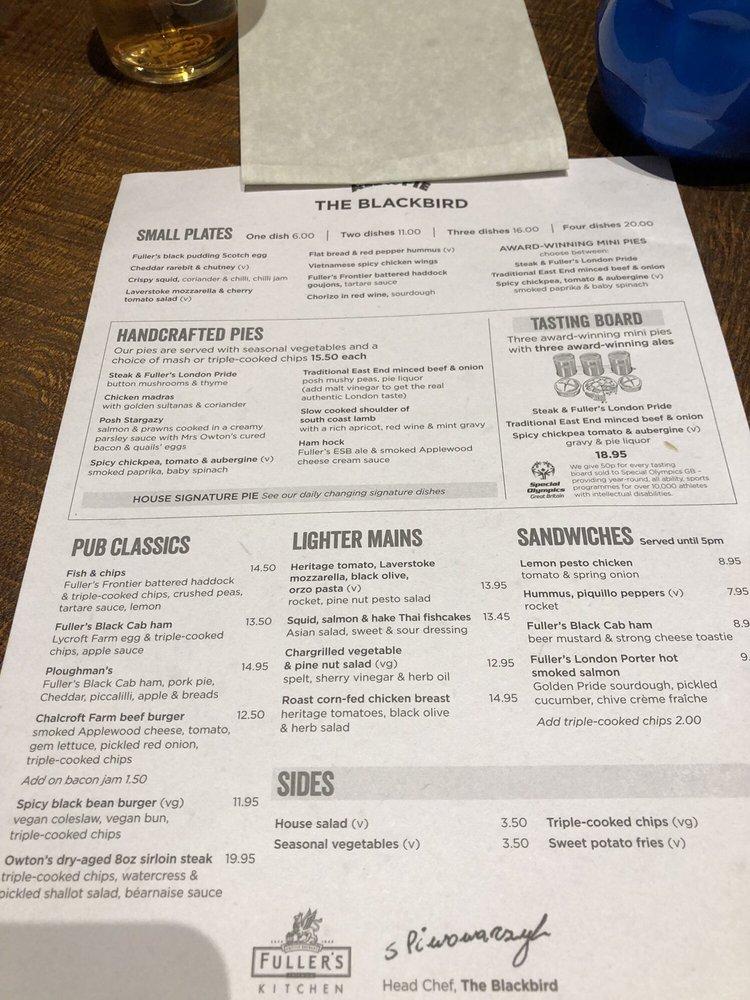 Menu at The Blackbird, Earl's Court pub & bar, London, 209 Earls Ct Rd