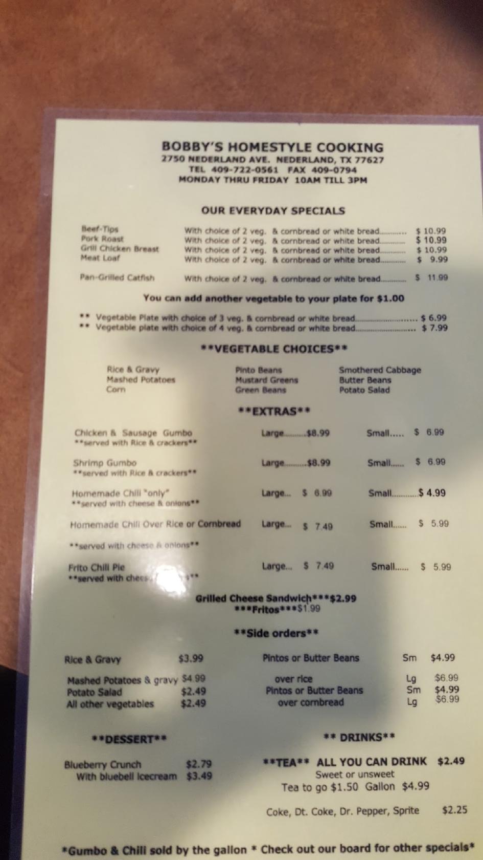 Menu at Bobby's Homestyle Cooking restaurant, Nederland