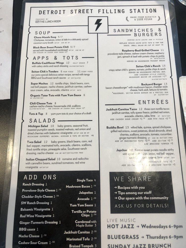 Menu at Detroit Street Filling Station restaurant, Ann Arbor
