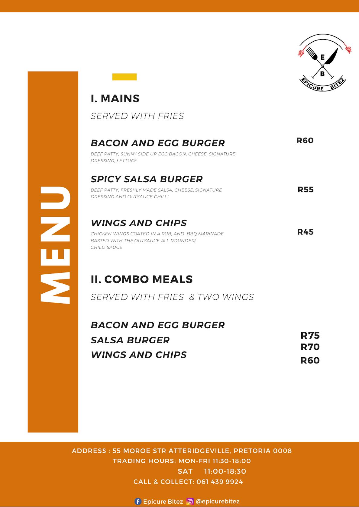 Menu at Epicure Bitez restaurant, Pretoria