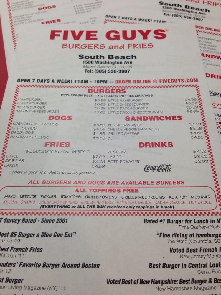 Carta de comida rápida Five Guys, Miami Beach, Washington Ave