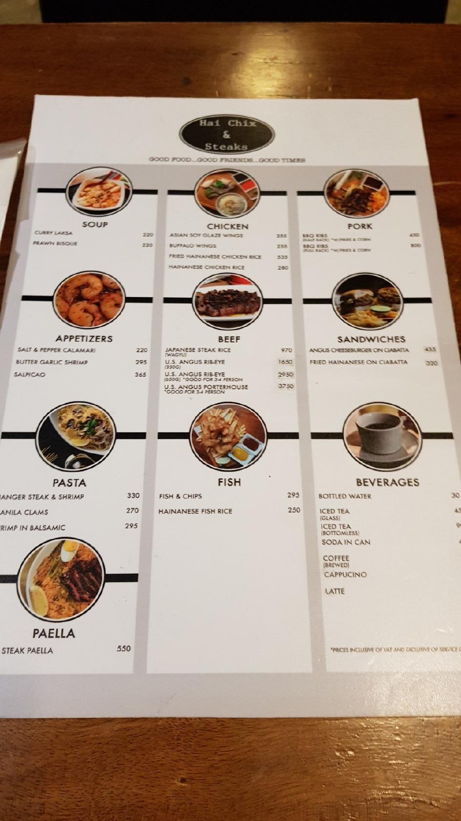Menu at Hai Chix & Steaks Greenhills steakhouse, San Juan, NORTHEAST