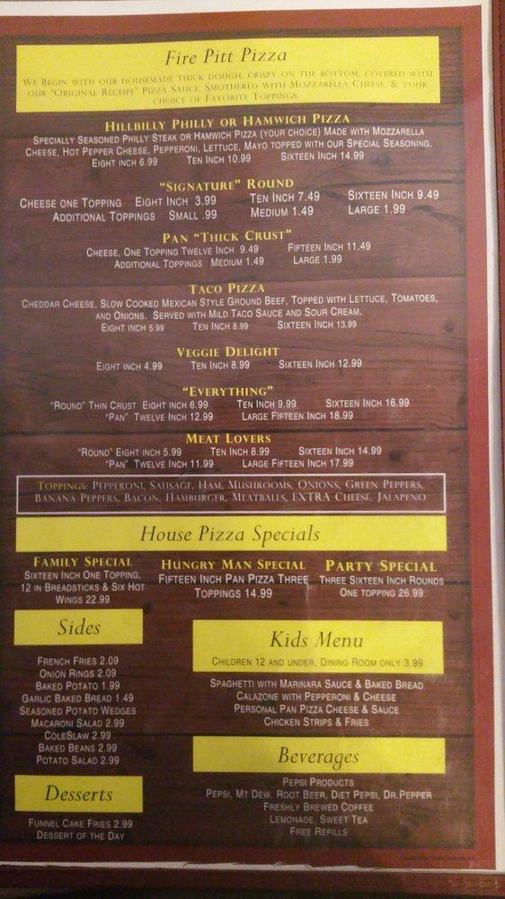 Menu at Hillbilly Fire Pit pizzeria, Man
